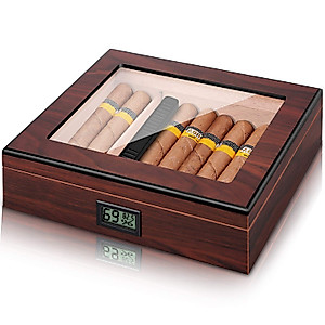Cigar Humidor Cigar Box with Humidifier and Digital Hygrometer Glass Top for 20-25 Cigars Pouch Gifts for Dad