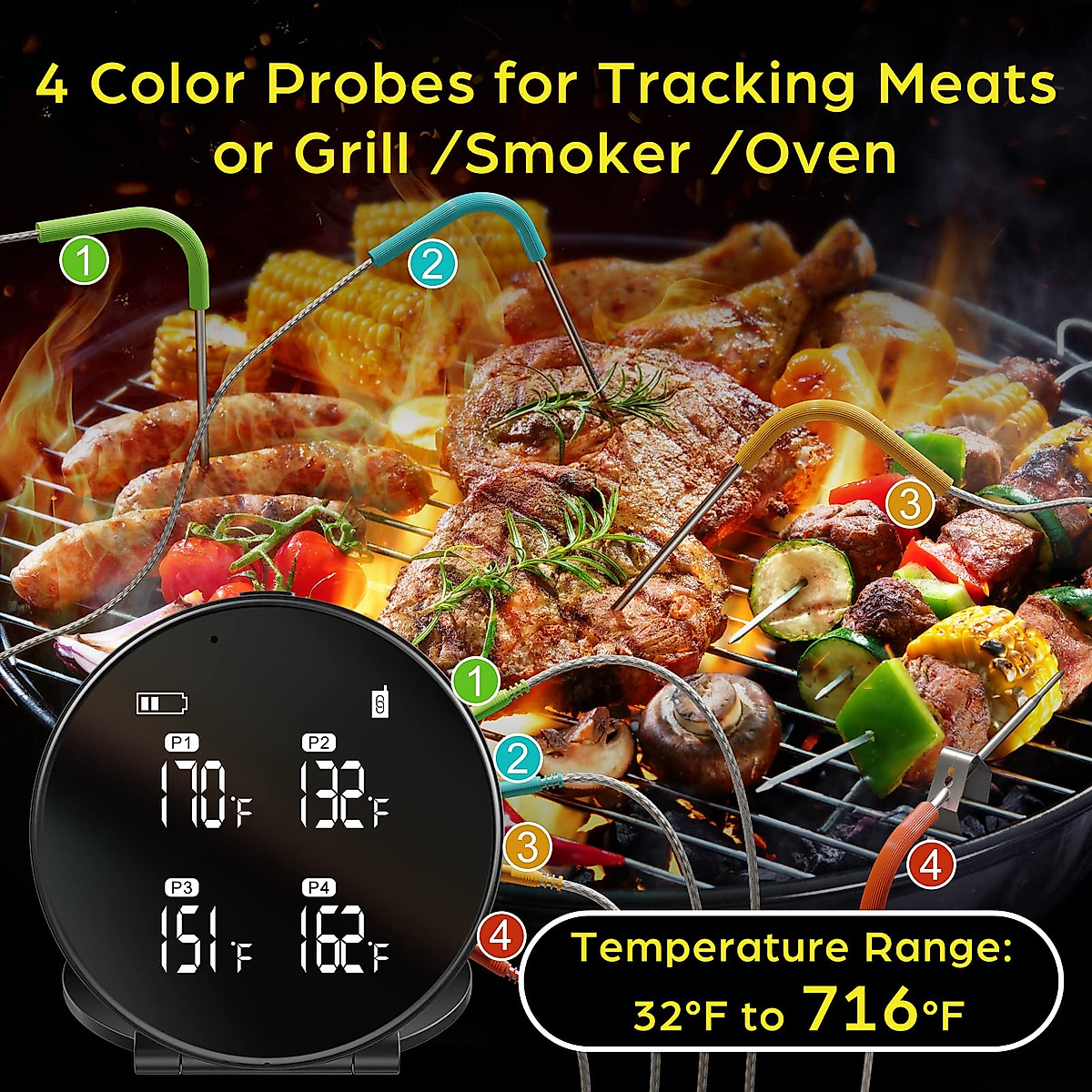 HOMETALL Wireless Meat Thermometer, 400FT Bluetooth Meat Thermometer Digital with 4-Probes, Large Display Instant Read Food Thermometer for Cooking, Smoker, Oven, BBQ, Grill Thermometer