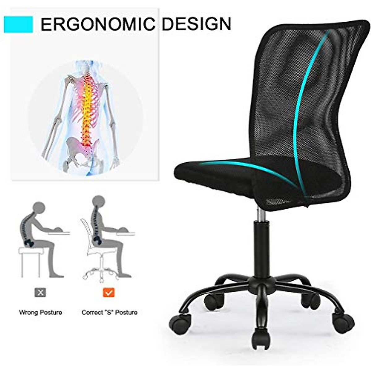 Office Chair Desk Chair Computer Chair with Lumbar Support Ergonomic Mid Back Mesh Adjustable Height Swivel Chair Armless Modern Task Executive Chair for Women Men Adult, Black