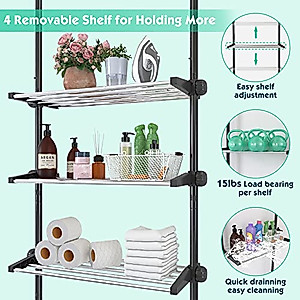 Lilyvane 4 Tiers Over The Toilet Storage, 97 to116” Adjustable Tension Pole Over Toilet Bathroom Organizer, Freestanding Bathroom Shelves Over Toilet for Most Showers Over The Toilet Shelf, Black