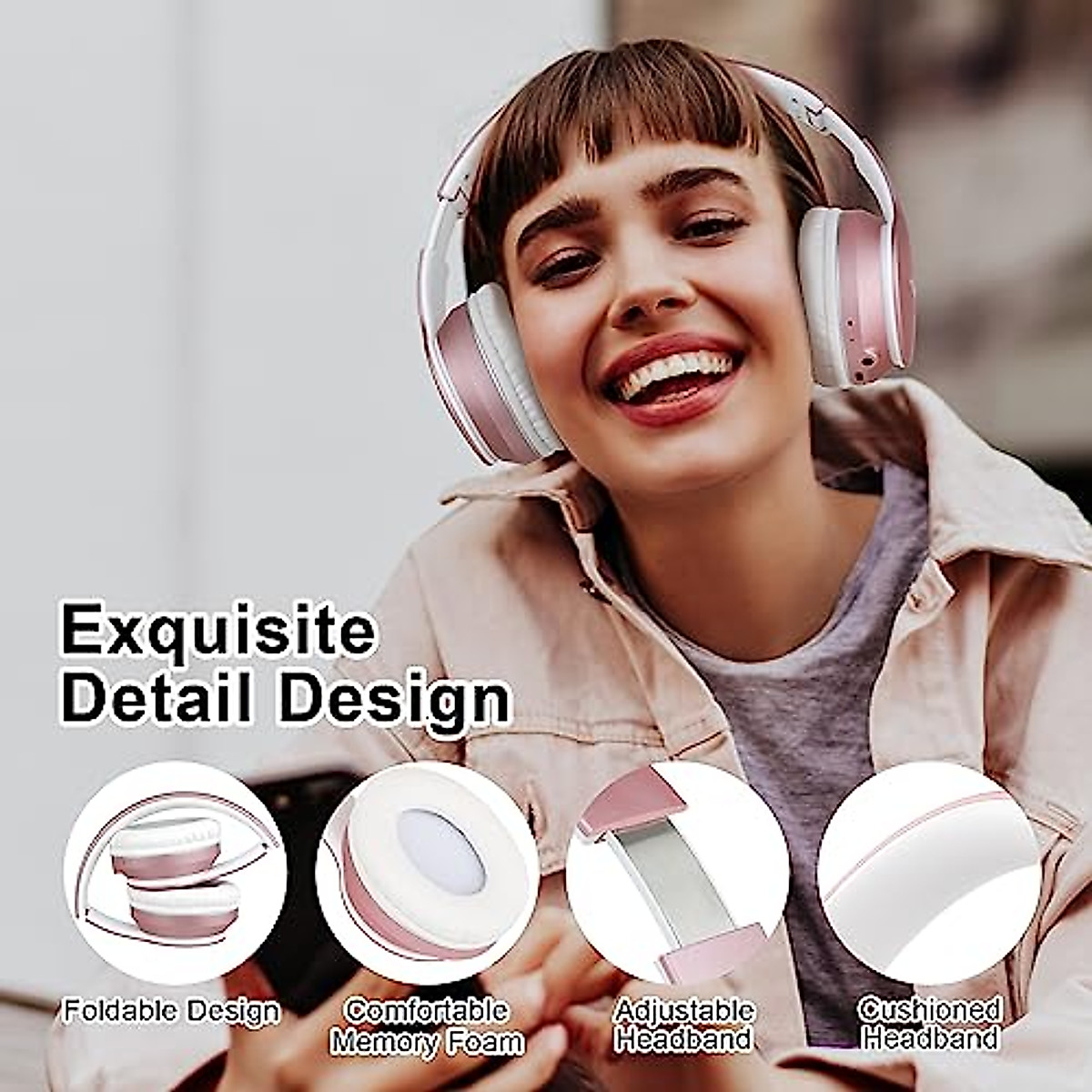 JOMILIN B9 Bluetooth Headphones Over-Ear, 60 Hours Playtime Lightweight Folding Hi-fi Stereo Bass Wireless Headset with Mic, Volume Control Headphones for iPad/Travel/Tablet/PC (Rose Gold)