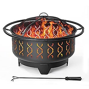 SINGLYFIRE 30 Inch Fire Pits for Outside Wood Burning Outdoor Large FirePit Round Steel Firepit for Patio Backyard Garden Outdoor Heating,with Spark Screen,Log Grate,Poker, Black (SFPR-001)