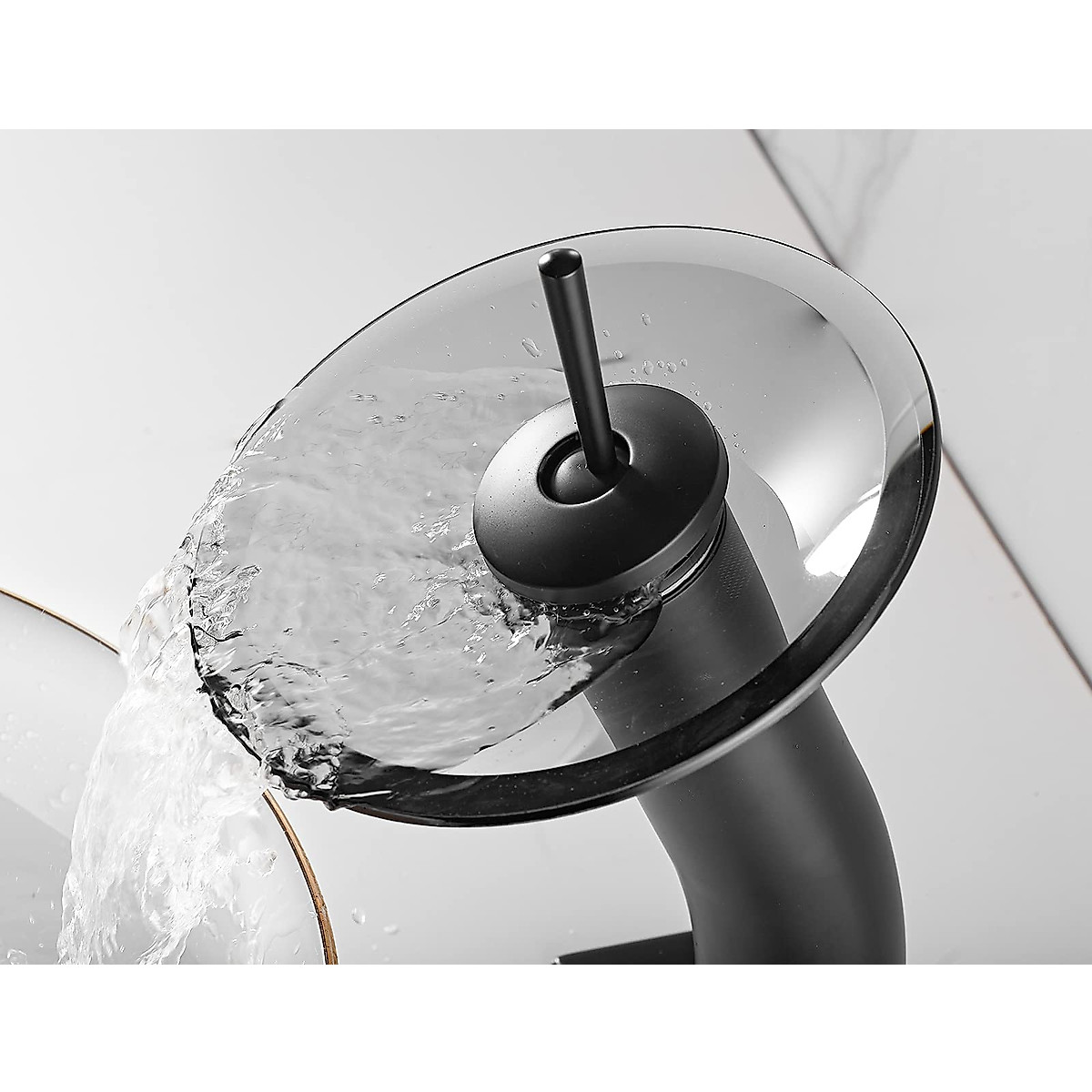 Waterfall Black Bathroom Vessel Faucet Glass Spout 360° Swivel Single Handle One Hole Solid Brass Bowl Faucet Bath Lavatory Vessel Sink Vanity Faucet Tall Body for Above Counter Sink