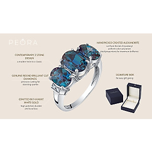 PEORA Created Alexandrite and Genuine Diamond Three Stone Triune Ring for Women 14K White Gold, 2.75 Carats total Oval Shape 7x5mm, Size 6