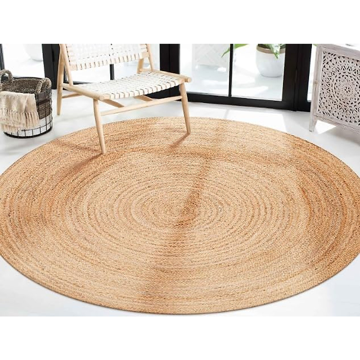 India Artistic Jute Braided Boho Area Rug, Natural Hand Woven Jute Rag Rug- Farmhouse Reverisible Rug Rustic Cotton Jute Rug Home Décor Vibrant Rag Rugs (3 Feet Round)