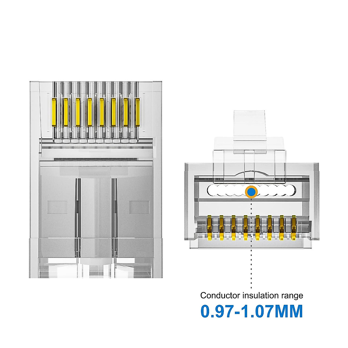 iwillink 100-Pack RJ45 Cat6 Pass-Through Connectors, Gold-Plated Ethernet Crimp Plugs for Solid and Stranded Wire, UTP Network Cable Termination