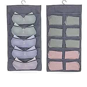 Storage hanging bag, Dual-Sided Hanging Bra Storage Organizer with Metal Hanger, Dual-Sided Hanging Storage Organiser for Underwear, Panties，Stocking,Bra and Sock (5+10 Pockets, Gray)