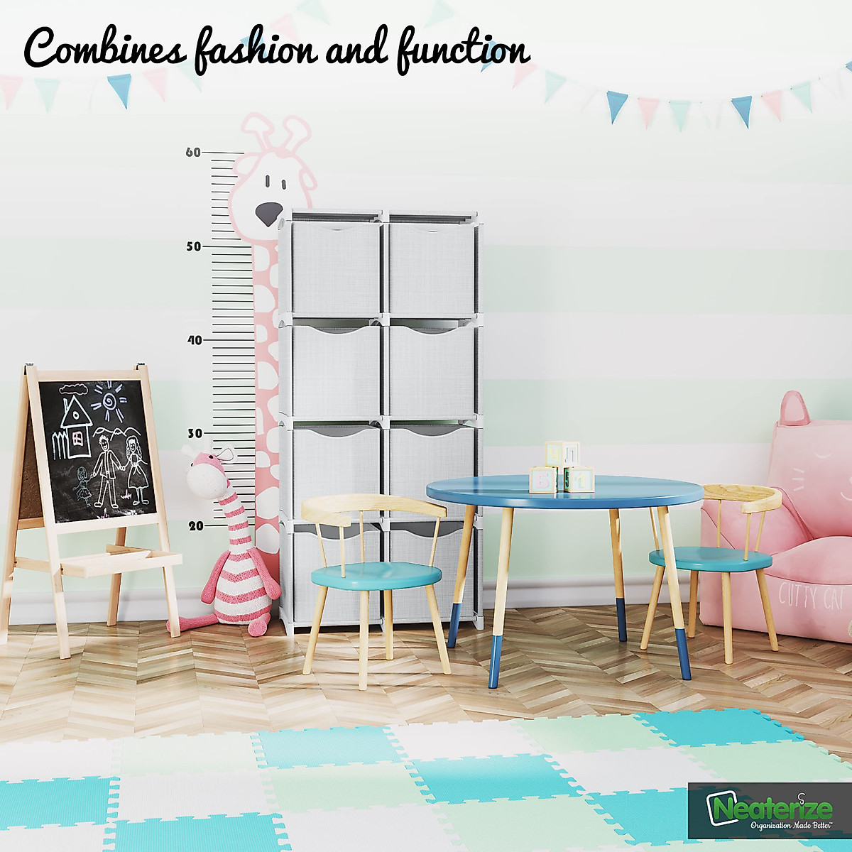 8 Cube Storage Organizer Set. Includes Eight 11 inch Storage Cube Bins. DIY Fabric Storage Cube Shelves for Closet Organization Clothes, Books, Toys. Used in Playroom and Bedroom. (White -Grey)