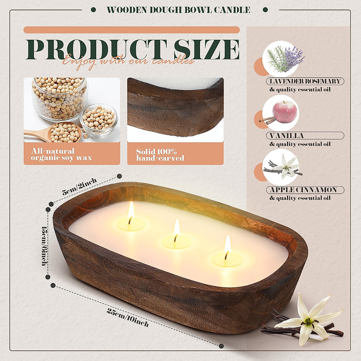 Threlaco 2 Pack Wood Dough Bowl Candle 10 Inch Christmas Candle Decorative 3 Wick Scented Candles Soy Xmas Gifts for Men Women Farmhouse Table Centerpiece Home Decor(Vanilla)