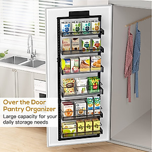 POKIPO Over the Door Pantry Organizer, 6-Tier Large Wall Mounted Storage Spice Rack, 2 in 1 Heavy-Duty Metal Adjustable Hanging Baskets for Pantry, Bedroom, Bathroom, Living Room, Kitchen