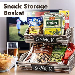 Rustic Fruit Basket Holder, 2 Tier Wood Fruit Stand with Chalkboards, Countertop Fruit and Vegetable Storage for Farmhouse Kitchen, Wooden Fruit Bowl for Vegetable Bread Snacks