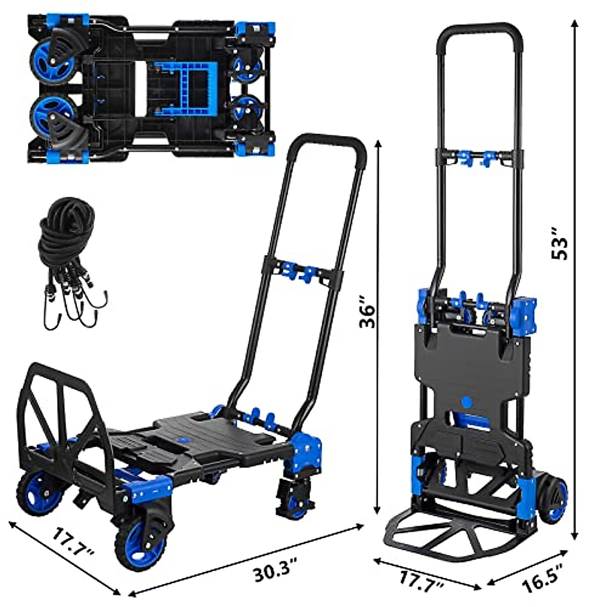 Hitgrand Folding Hand Truck, Heavy Duty Hand Truck Dolly Cart, Convertible Dolly Cart 330lbs Capacity W/Telescoping Handle, 2 in 1 Luggage Trolley Cart for Warehouse Home Outdoor Moving