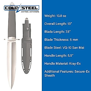 COLD STEEL Tai Pan 7.5" VG-10 San Mai Spear Point Razor-Sharp Blade 5.5" Kray-Ex Handle Fixed Blade Knife w/Secure-Ex Sheath