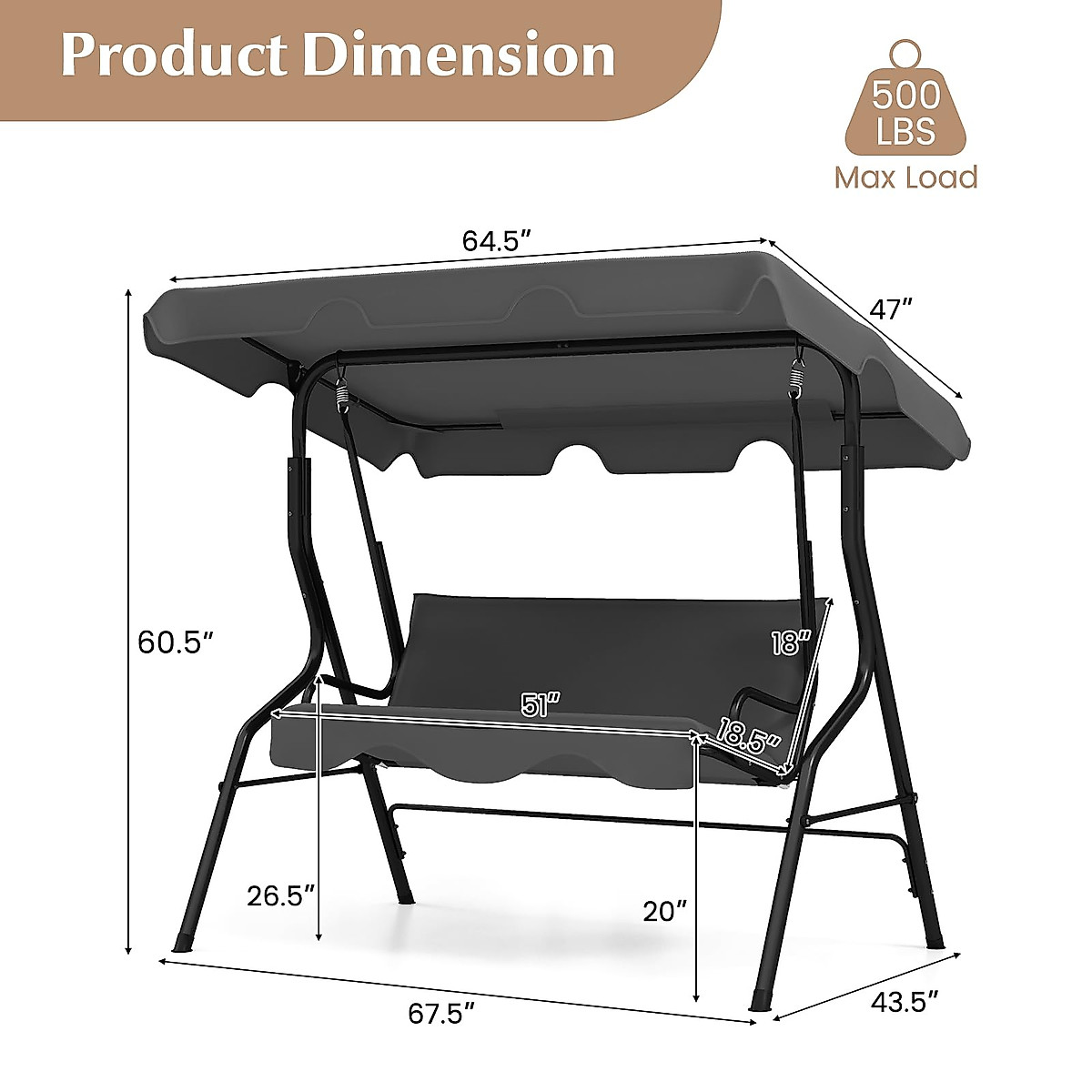 RELAX4LIFE 3-Person Porch Swing Chair - Outdoor Swing w/Adjustable Canopy, Removable Cushion & Metal Frame Stand, 3 Seat Swing Bench for Backyard Garden Poolside, Patio Swing for Adults (Grey)