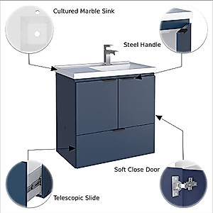 COZIMAX Vanity Soul 24" Floating Bathroom Vanity and Cultured Marble Sink with Soft Close Door (Blue)