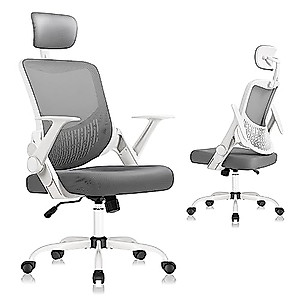 Furmax Office Chair Mesh Desk Chair Ergonomic Chair with Adjustable Headrest and Flip-up Armrests, Swivel Computer Chair with Comfortable Back and Lumbar Suport (Grey)