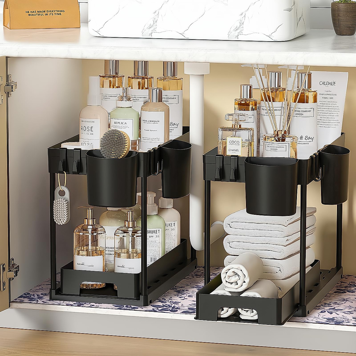 2 Pack Under Sink Organizers and Storage with Under Sink Mat, 2 Tier Black Pull Out Bathroom Cabinet Organizer , Cabinet Organizer with Hooks and Hanging Cups for Home Bathroom Kitchen Organization