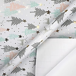 LDGOOAEL Mini Short Small Christmas Wrapping Paper Roll with Cut Lines on Reverse (17" X 120" Per Roll) - Peachy Pink & Mint Blue - Snowflakes, Reindeer for Holiday, Birthday, Wedding, Baby Shower