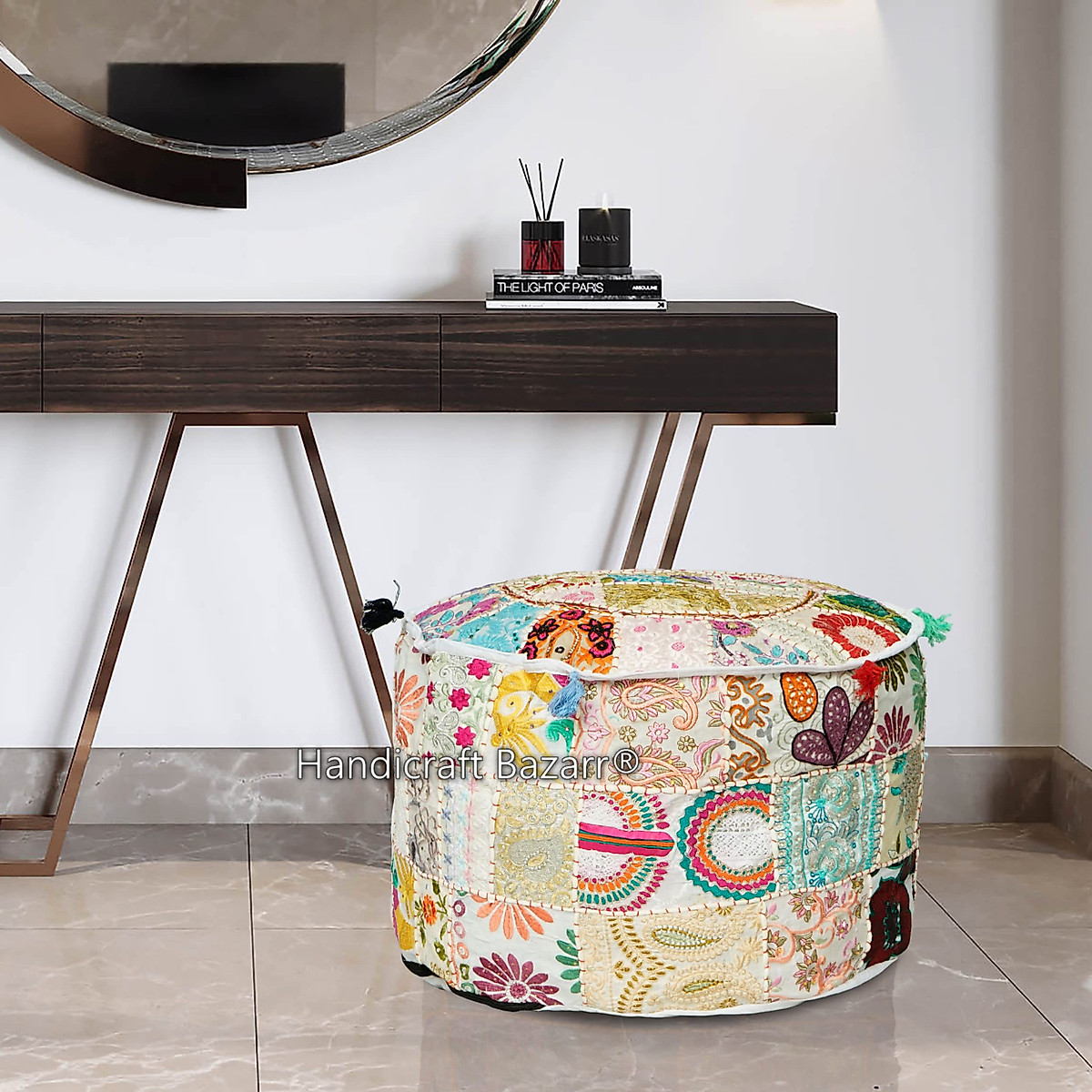 Handicraft Bazarr Handmade Pouf for Home Decor Traditional Patchwork Ottoman Ethnic Cotton Bean Bag Cover Embroidery Sitting Footrest Stool (18x18x13 Inch)