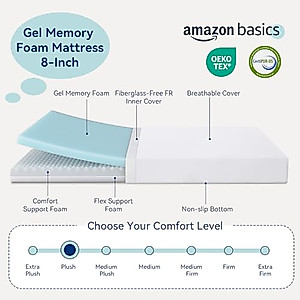 Amazon Basics Memory Foam Plush Mattress, Queen, White/Grey, 80 x 60 x 8 inches
