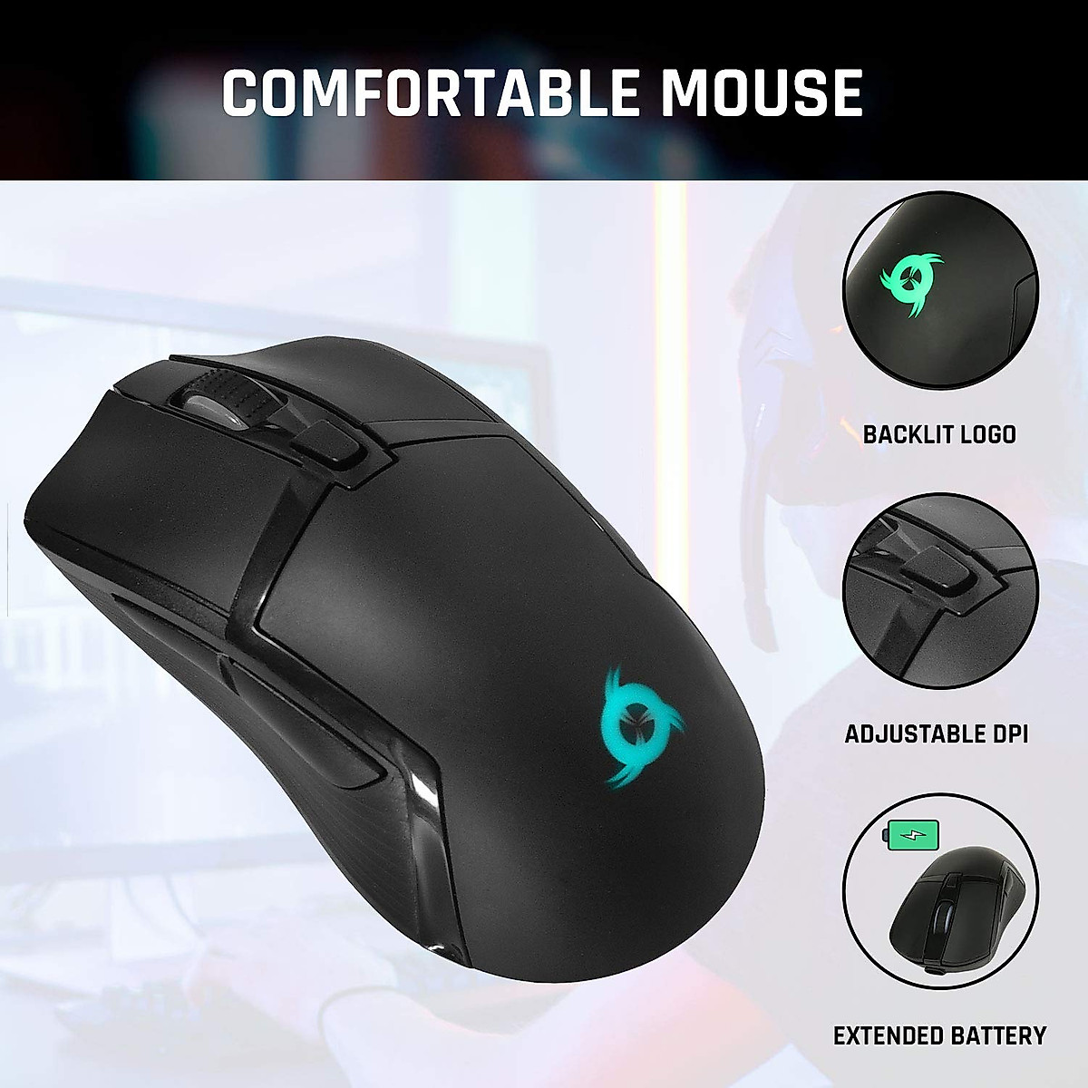 KLIM Tandem - Wireless Gaming Keyboard and Mouse Combo + Slim, Durable, Ergonomic + Illuminated + Long-Lasting Built-in Battery (Renewed), Black