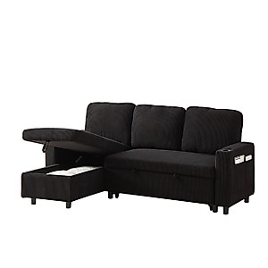 lunhung 78 inch L-Shaped Sofa,Convertible Combo Sofa Bed with Pull-Out Bed, Corduroy Reversible Sleeper Sectional Sofa with Side Pockets and Cup Holders,Furniture Set for Living Room (Corduroy-Black)