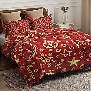 Pinbeam Comforter Set Twin Size, Christmas Golden Plaid Xmas Soft Bedding Set for Kids and Adults Bedroom Bed Decor, Retro Tree Winter Comforter Set with Pillowcase
