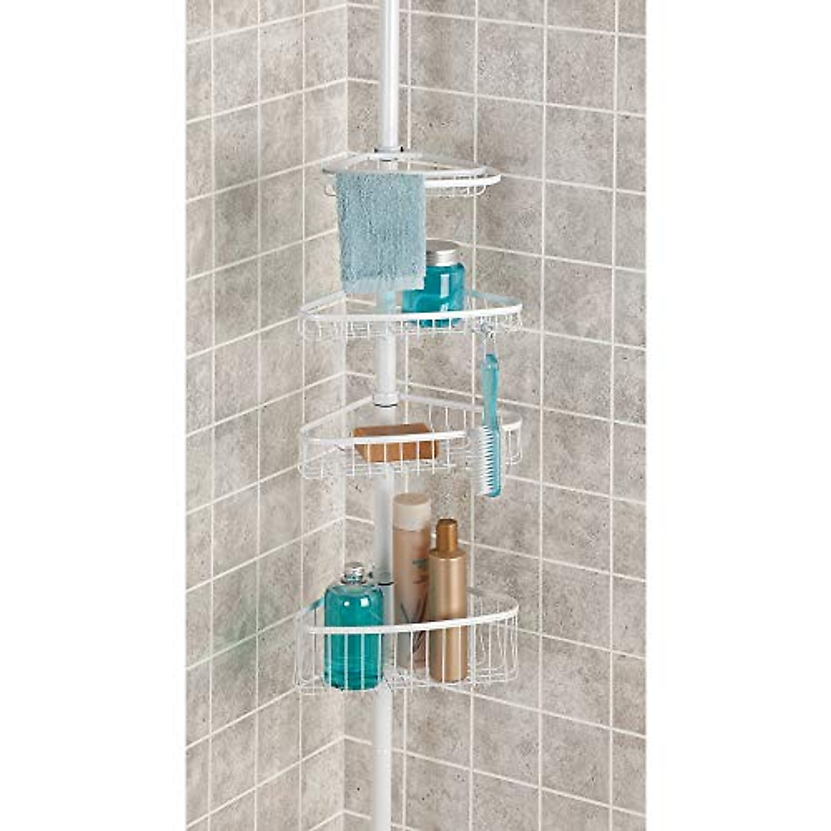 iDesign York Steel Tension 4-Shelf Extendable Corner Storage Caddy - 8" x 11" x 108", Pearl White