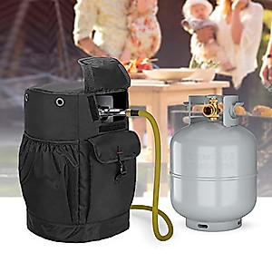 SAMDEW Outdoor 20 lb Propane Tank Cover with Tabletop Feature and 2 Pockets, Grill Gas Tank Cover for 20 lb Propane Tank Cylinder, Water-Resistant, Traveling & Camping, Black (Bag Only)
