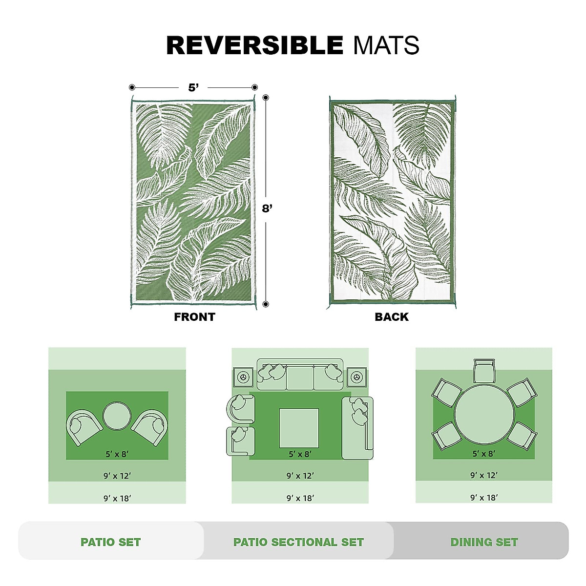 wikiwiki Outdoor Rugs 9x18 for Patios Clearance, Waterproof & Portable Camping Rugs for Outside Your RV, Large Indoor/Outdoor Plastic Straw Mats, Perfect for Deck,Balcony,Pool,Green, Rugscape Series