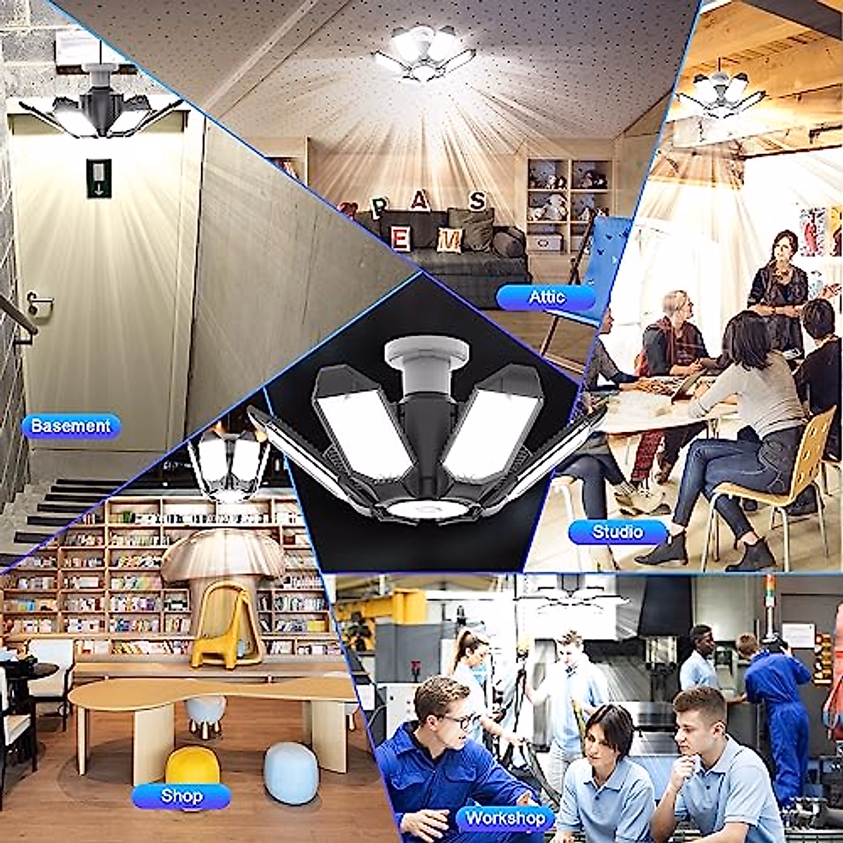 LED Garage Lights 120W LED Shop Light with 6 Ultra Bright Adjustable Panels Led Lights for Garage Light Deformable Ceiling Lights for Garage Attic Basement E26 E27 Base