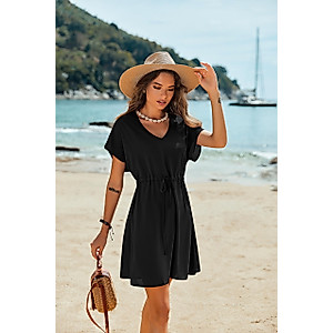 Ekouaer Women's Cover Ups Casual Swimsuit Coverups Flowy Tie Waist Beach Cover Up Dress(Black, X-Large)