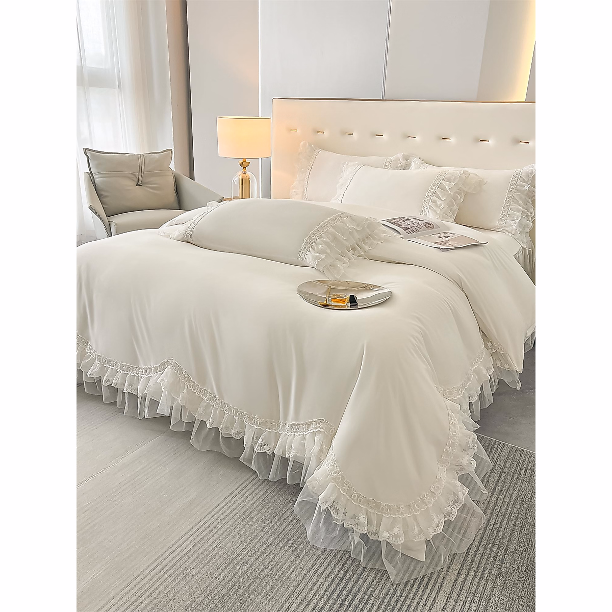 MOOWOO Chic Ruffle Lace Polyester Duvet Cover Set -Girl Red Bedding-3 Piece Queen Duvet Cover with Zipper Closure -Ultra Soft and Light Weight (White,Full)