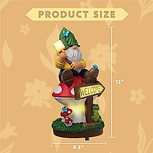 JOIEDOMI Garden Gnome Statue with Solar LED Light, Funny Christmas Gnomes Figurines with Welcome Sign, Gnomes Garden Decorations for Table Patio, Yard, Lawn Ornaments (Welcome)