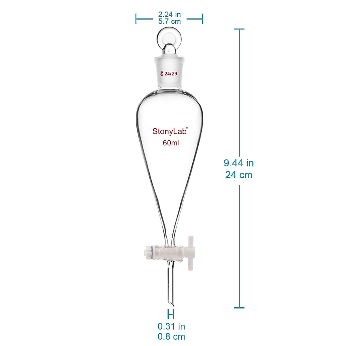 StonyLab PTFE Stopcock Separatory Funnel 60ml, Borosilicate Glass Heavy Wall Conical Pear-Shaped Separatory Funnel Separation Funnel with 24/29 Joint
