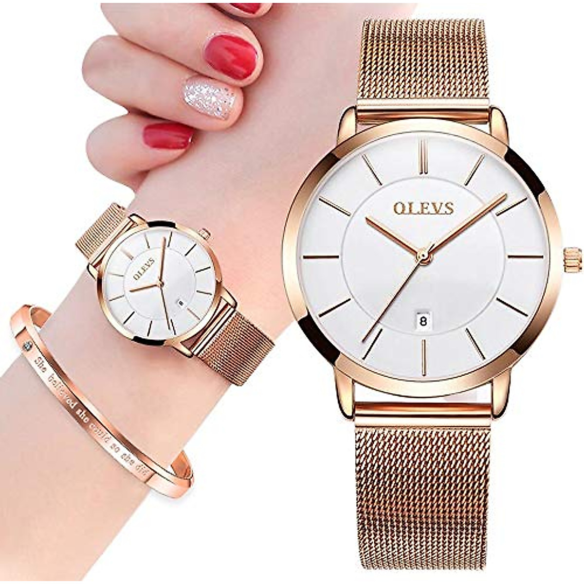 OLEVS Watches for Women Bracelet Gifts Set Ultra Thin Minimalist Fashion Rose Gold Ladies Slim Casual Dress Quartz White Face Dial Analog Date Wrist Watch Waterproof with Classic Mesh Band Golden