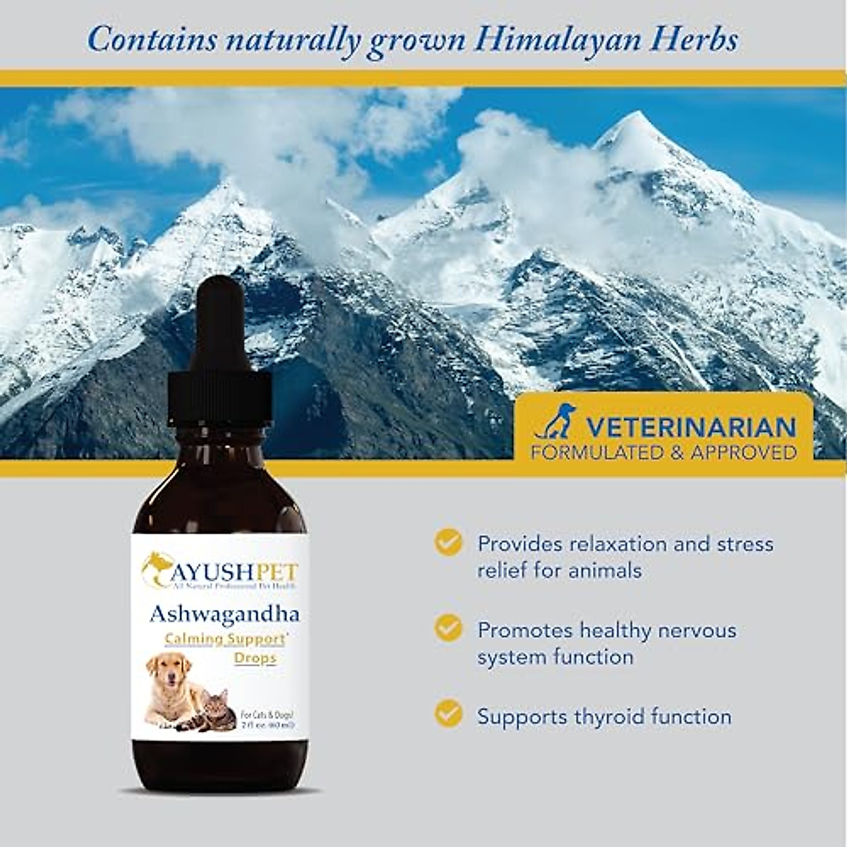 Ayush Pet Stress Support Ashwagandha Drops, Calm and Focus for Dogs or Cats, Alcohol Free Supplement, 2 oz.