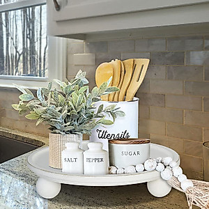 SOWA Farmhouse Round Wood Tray with Risers for Display, Wooden Decorative Tray for Kitchen Decor, Pedestal Stand for Countertop, for Soap Dish on Risers, Footed Rustic Cake Stand