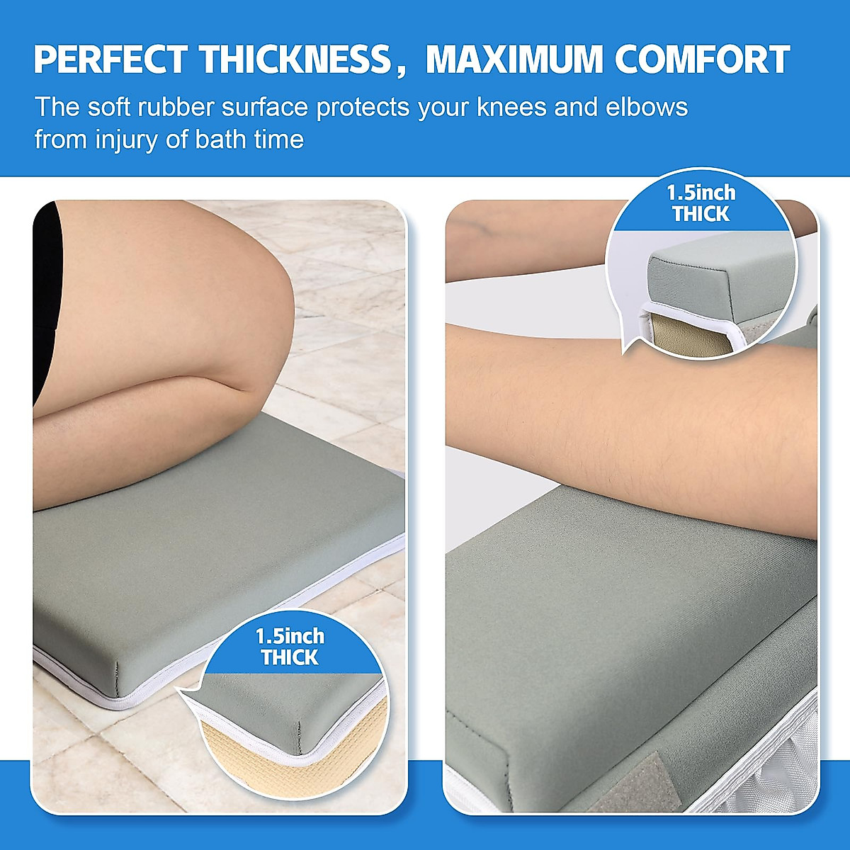 Baby Bath Kneeler and Elbow Rest Pad Set, Super Thick Non-Slip Bathing Kneeling Mat Quick Drying Foldable Knee Pad for Bathing Babies and Toddler Bathing with Toy Organizer Pockets, Gray