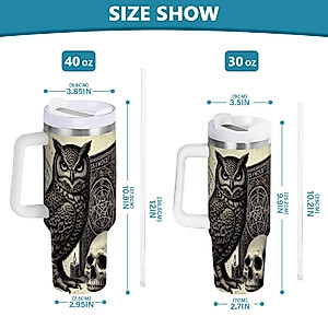 ODAWA Mystic Owl Skull Coffee Tumbler with Lid and Straw Insulated Mug 30 Oz Stainless Steel Water Bottles
