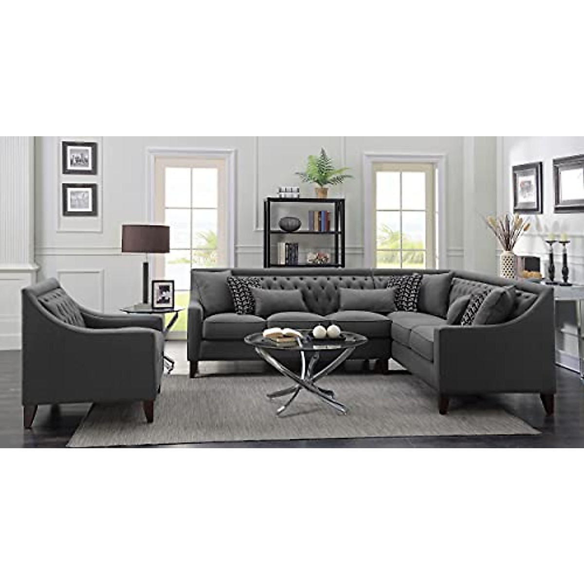 Iconic Home Chic Home Aberdeen Linen Tufted Down Mix Modern Contemporary Right Facing Sectional Sofa, Grey,