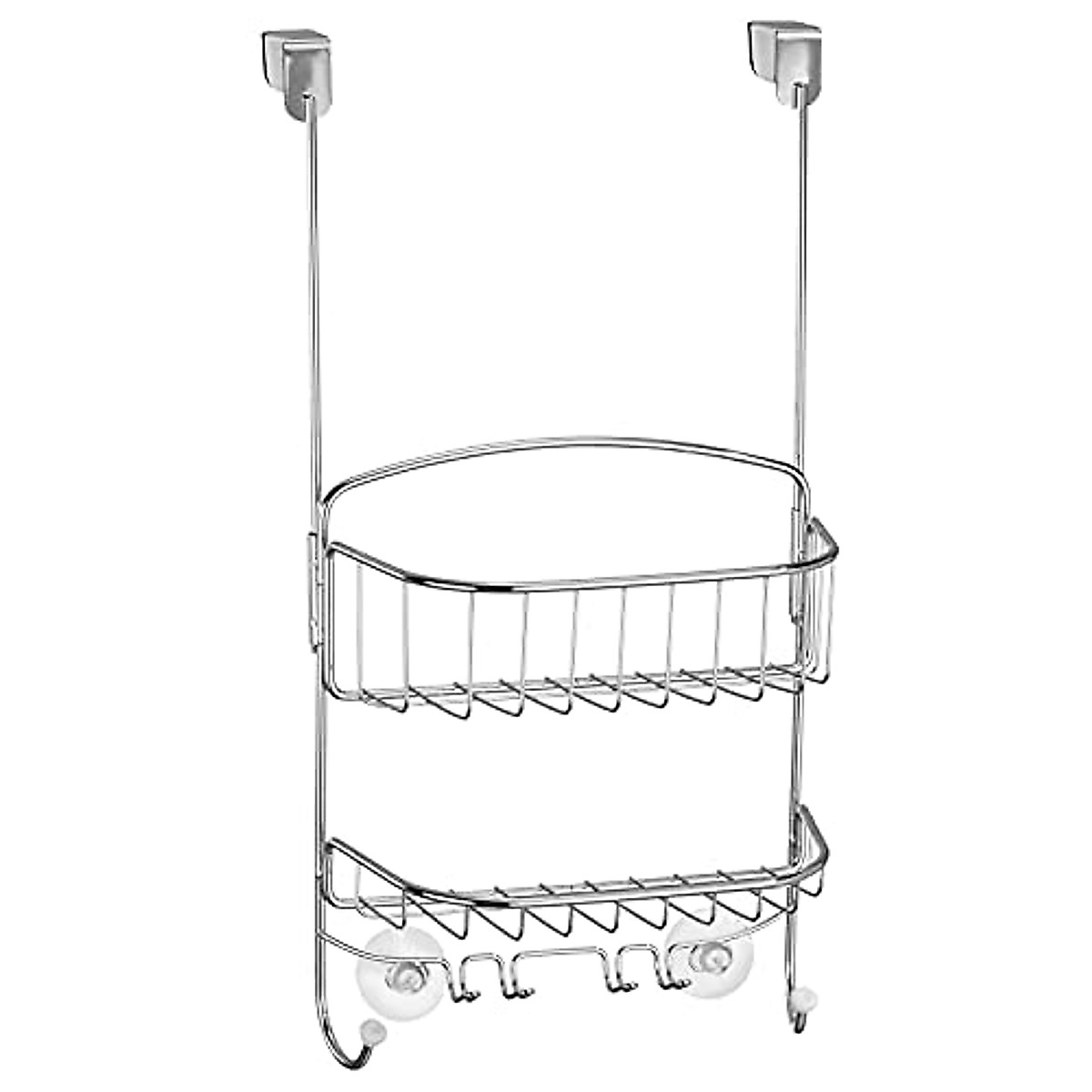 mDesign Steel Over Door Hanging Shower Caddy Storage Organizer with 2 Baskets, 6 Hooks - Shelf Rack for Bathroom - Holds Shampoo, Conditioner, Soap, Towel, Sponge - Draper Collection - Chrome/White