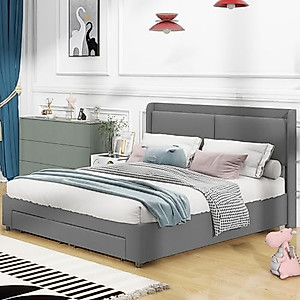BOVZA Queen Size Lift Upholstered Platform 2 Drawers, Modern Wingback Headboard, Hydraulic Storage Bed Frame, Linen Gray