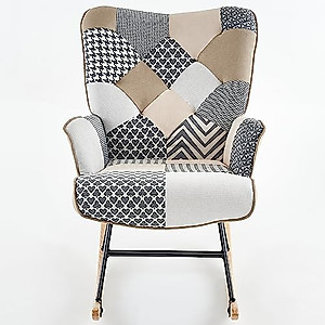 Kosydown Basic Rocking Chair Nursery Glider Rocker Armchair with High Backrest for Living Room Bedroom Offices Upholstered Comfy Colorful Plaid Bohemian Style Chairs Indoor