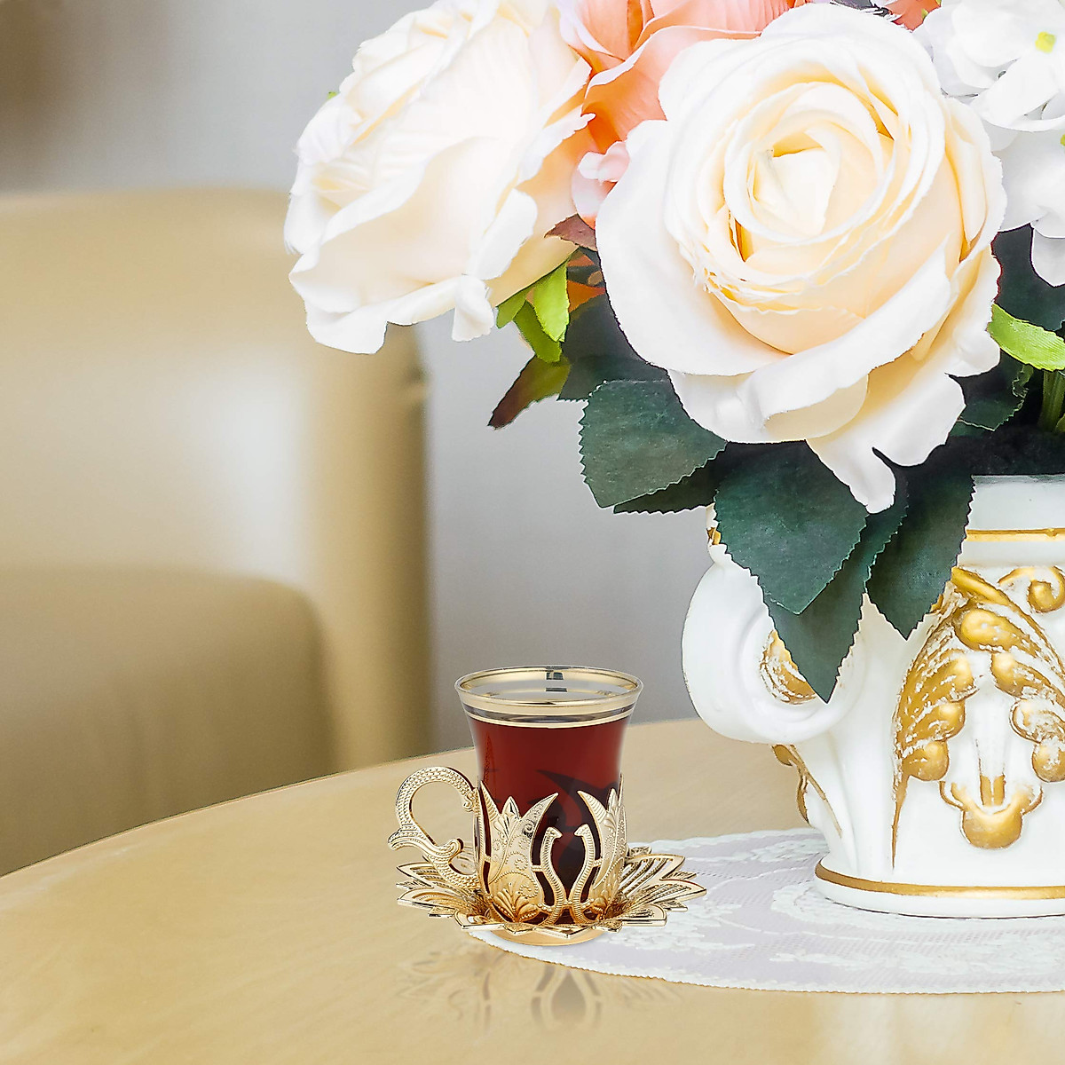 LaModaHome Golden Tea Set of 6 and Tray - Includes 6 Glasses, 6 Saucers Holders, and a Tray - VIP Special Serving Turkish Tulip - Arabic, Moroccan Coffee Sets - Cups and Mugs