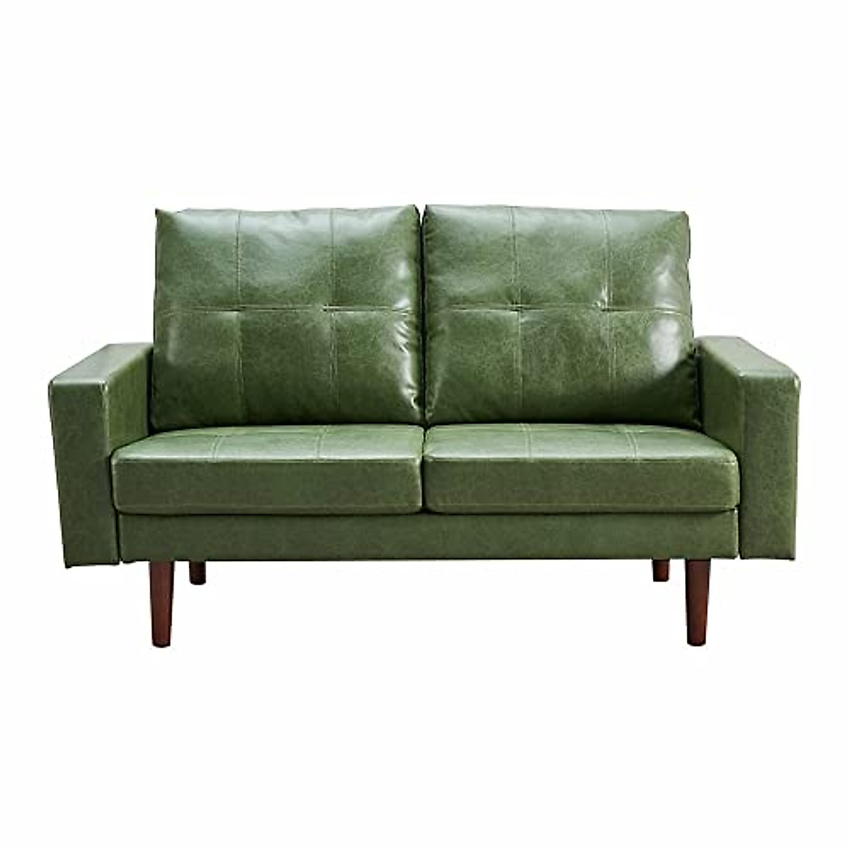 PEIHONGET Faux Leather Sofa Couch, Mid Century Modern Sofas for Living Room with High-Density Foam, Loveseat Sofa Furniture with Solid Wood Legs & Padded Cushions for Bedroom, Apartment (Green)