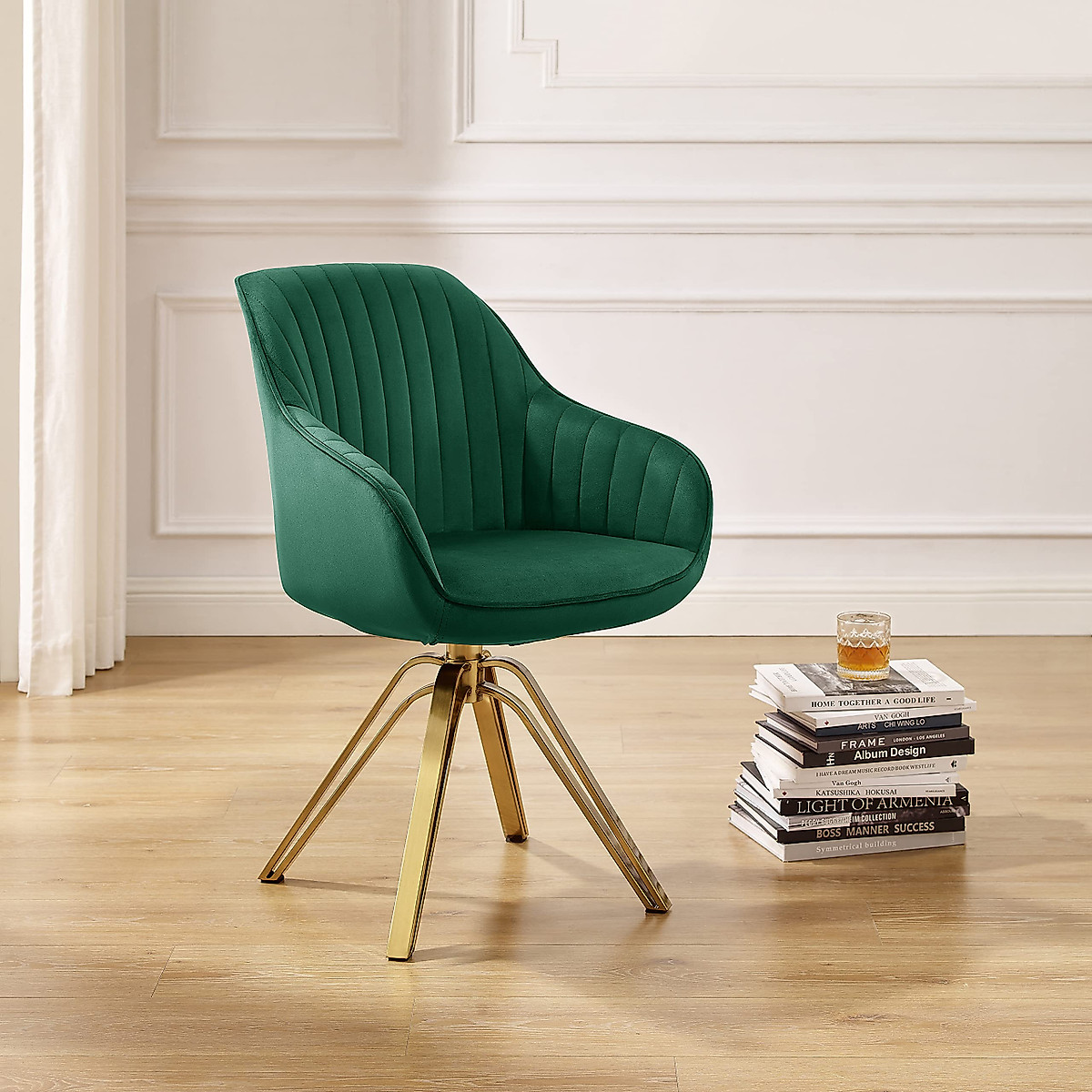 Art Leon Mid Century Modern Swivel Accent Chair, Desk Chair No Wheels, Fabric Upholstered Armchair with Gold Legs, Chair for Bedroom, Green Black