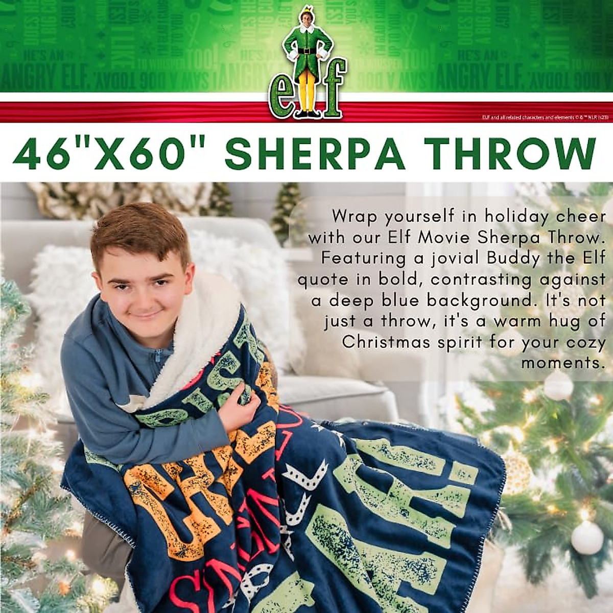 Franco Elf The Movie Holiday Christmas Bedding Soft Plush Sherpa Blanket Throw, 46 in x 60 in, (Officially Licensed Product)