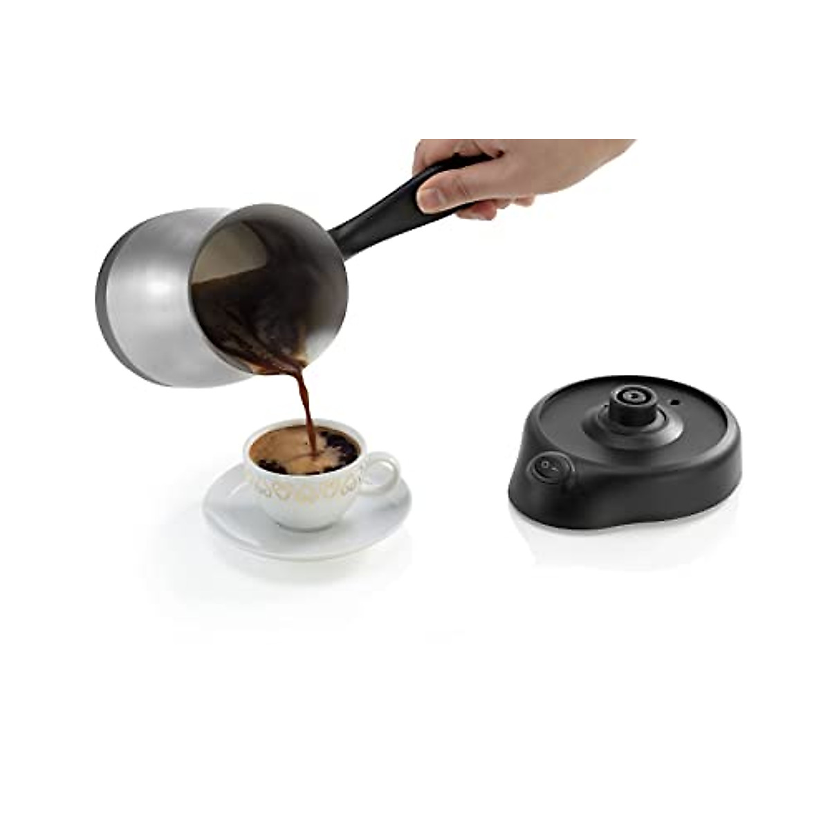 ARZUM Cezve Electric Turkish Coffee Maker, Stainless Steel, Boil-Dry Protection, Lid for Extra Protection, Cordless Use, 1 to 4 cups, 120V, 3-pin US-plug, 800W