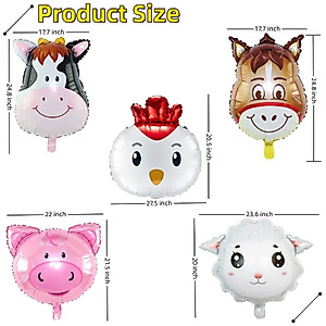 XLENGO 5 PCS Farm Animal Balloons, Cow Donkey Sheep Pig Chicken Foil Mylar Balloon for Baby Shower Farm Birthday Party Decorations Supplies